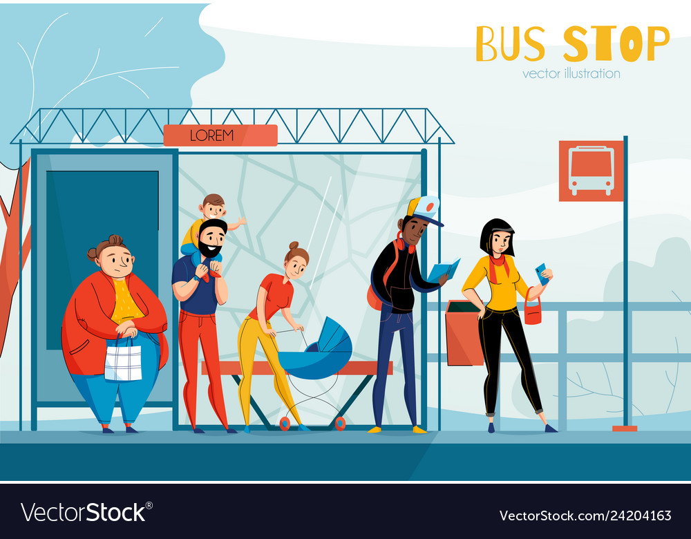 Queue people bus station composition Royalty Free Vector