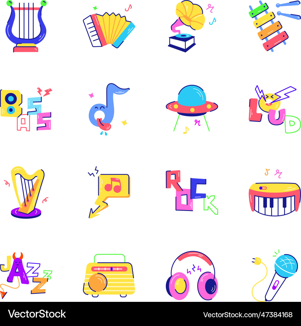 Bundle of fun and music flat stickers Royalty Free Vector