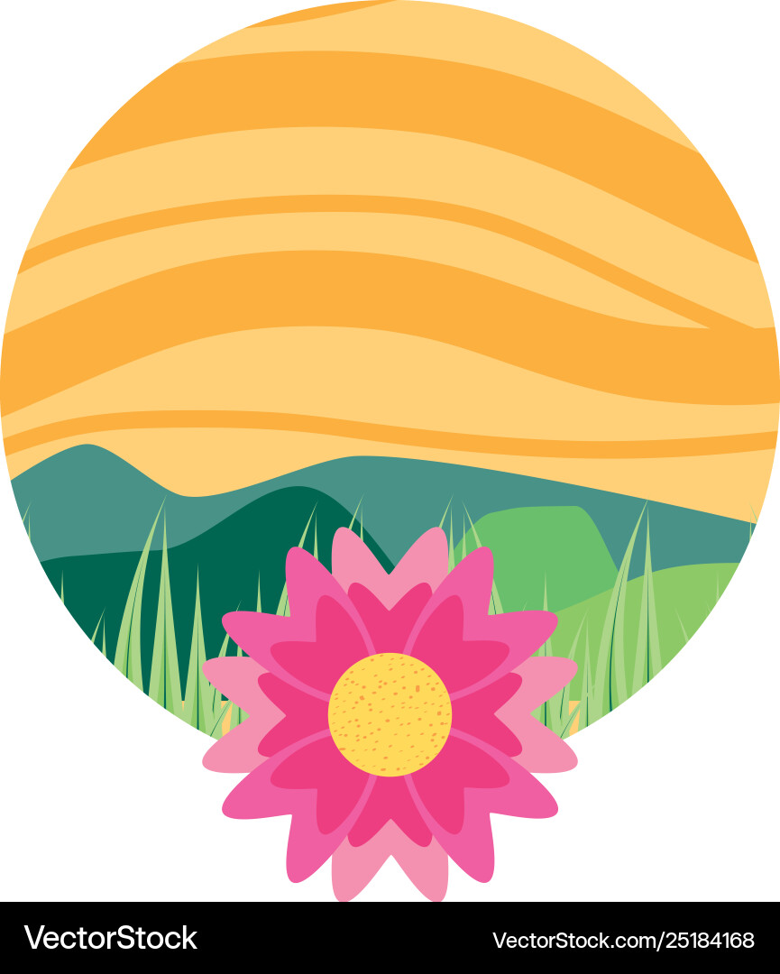 Landscape nature in frame circular with flower Vector Image