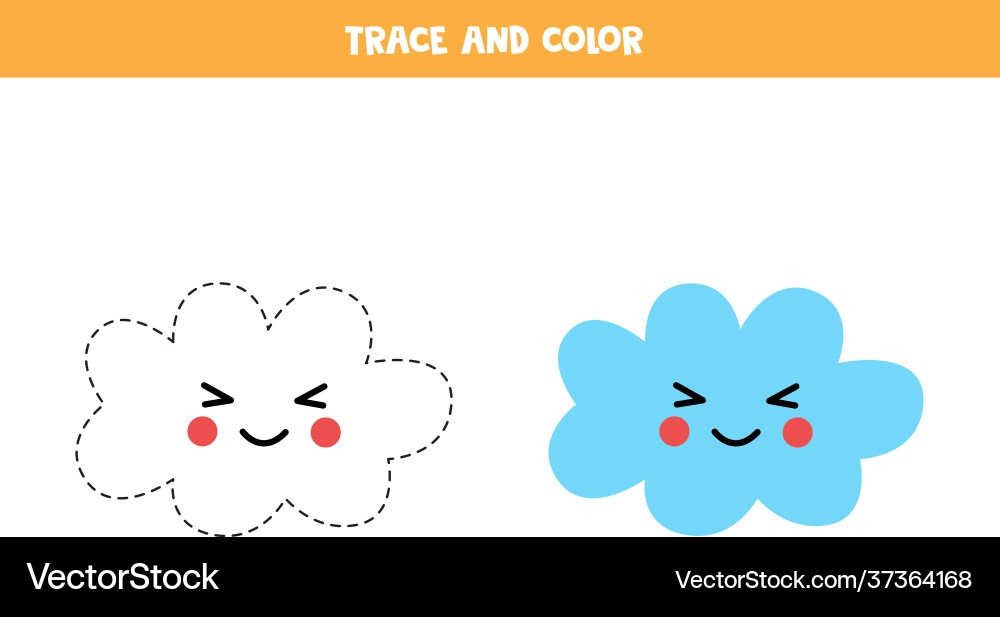 Trace and color cute kawaii cloud worksheet Vector Image