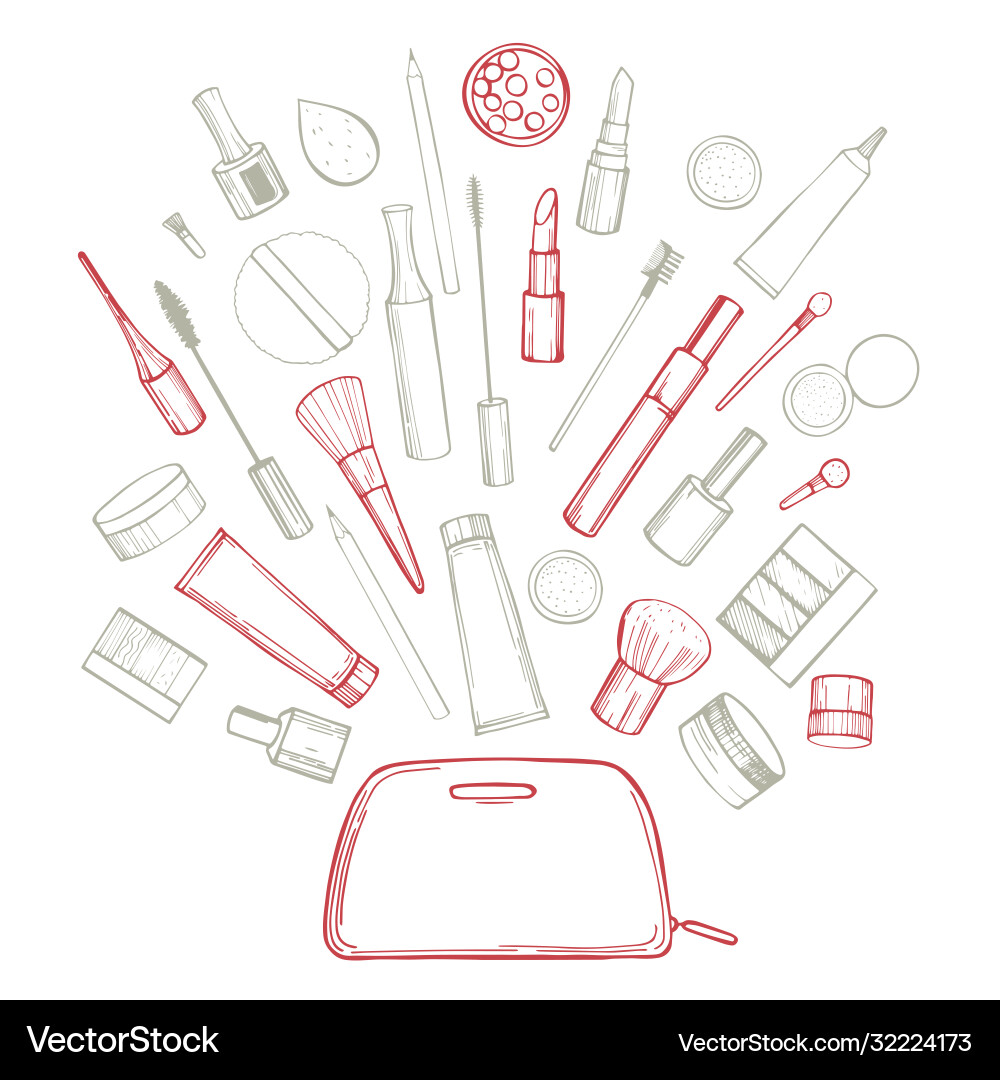 Hand drawn decorative cosmetics for makeup sketch Vector Image
