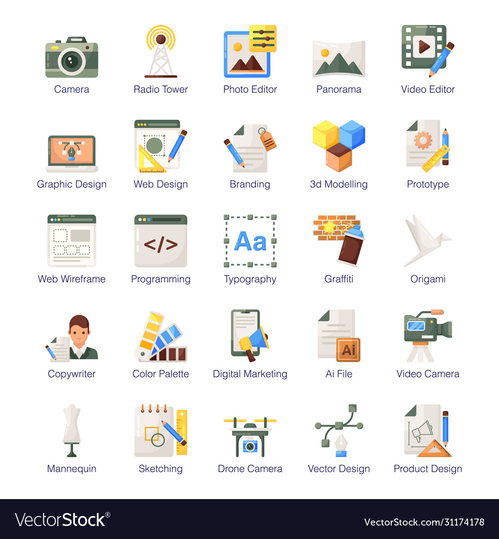 Designing tools flat icons pack Royalty Free Vector Image