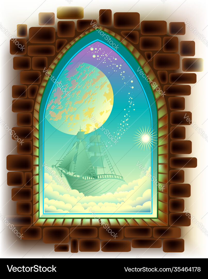 Fantasy gothic window with fairyland space view Vector Image