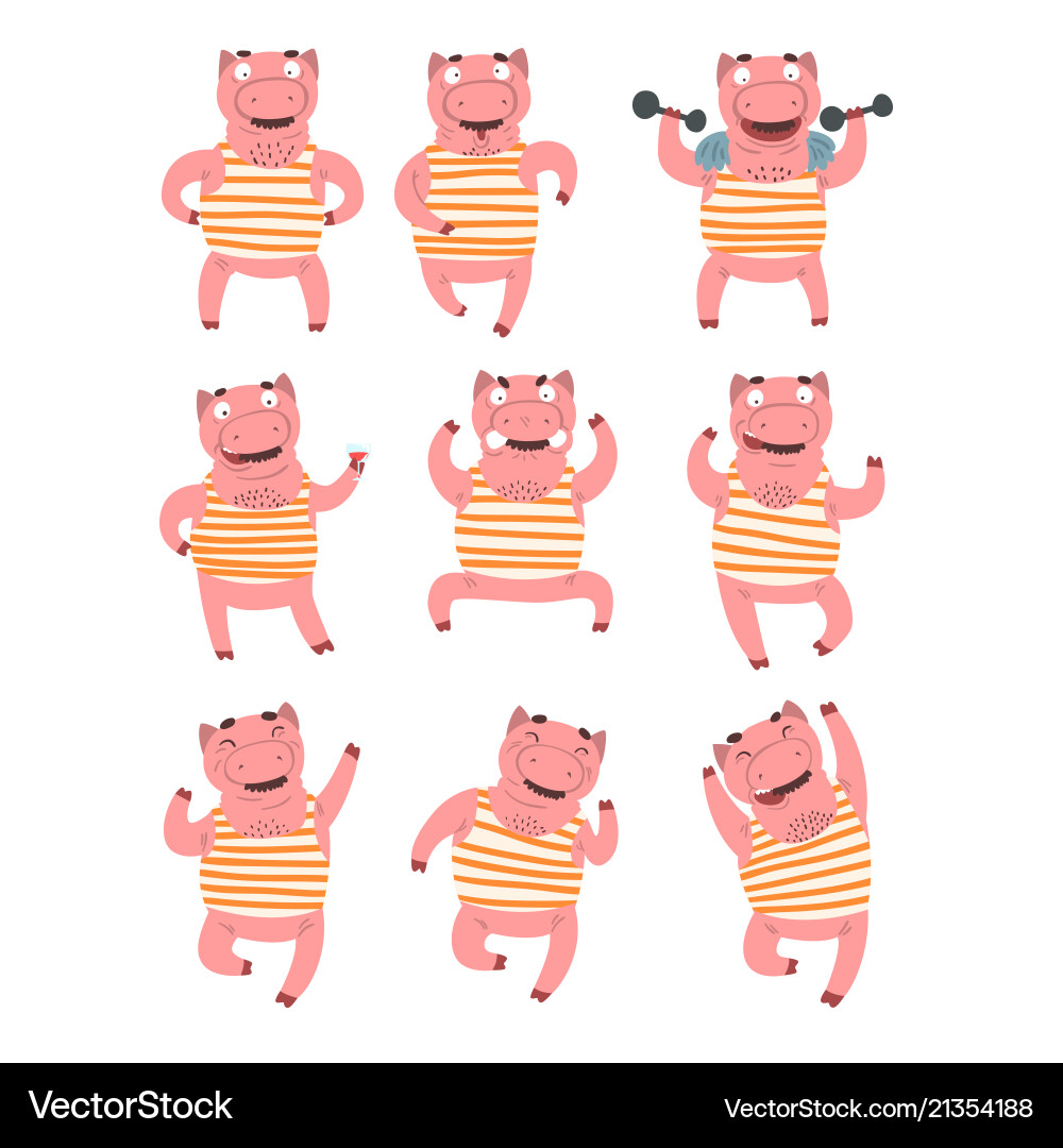 Flat set of pink humanized pig in different Vector Image