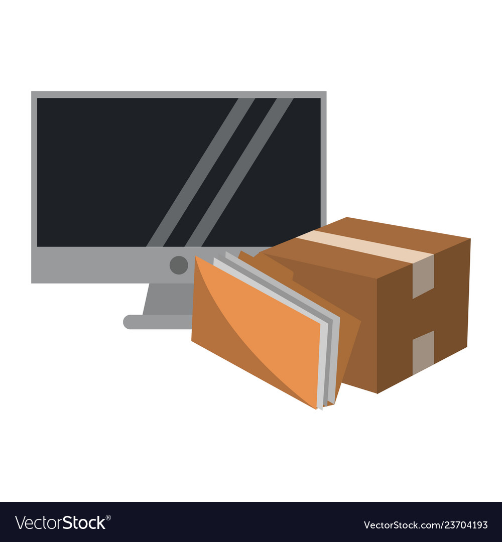 Computer and cardboard box with folder Royalty Free Vector