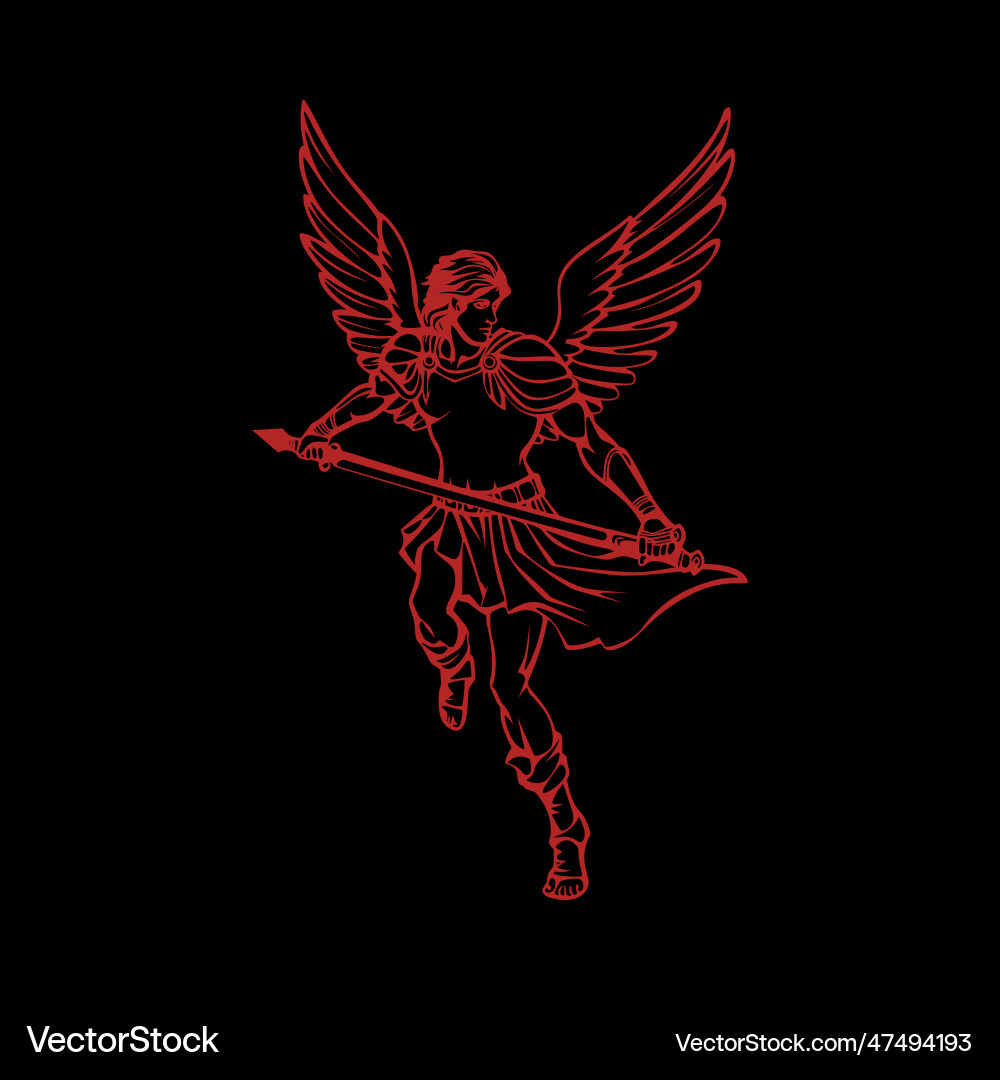 Red angel with sword on black background Vector Image