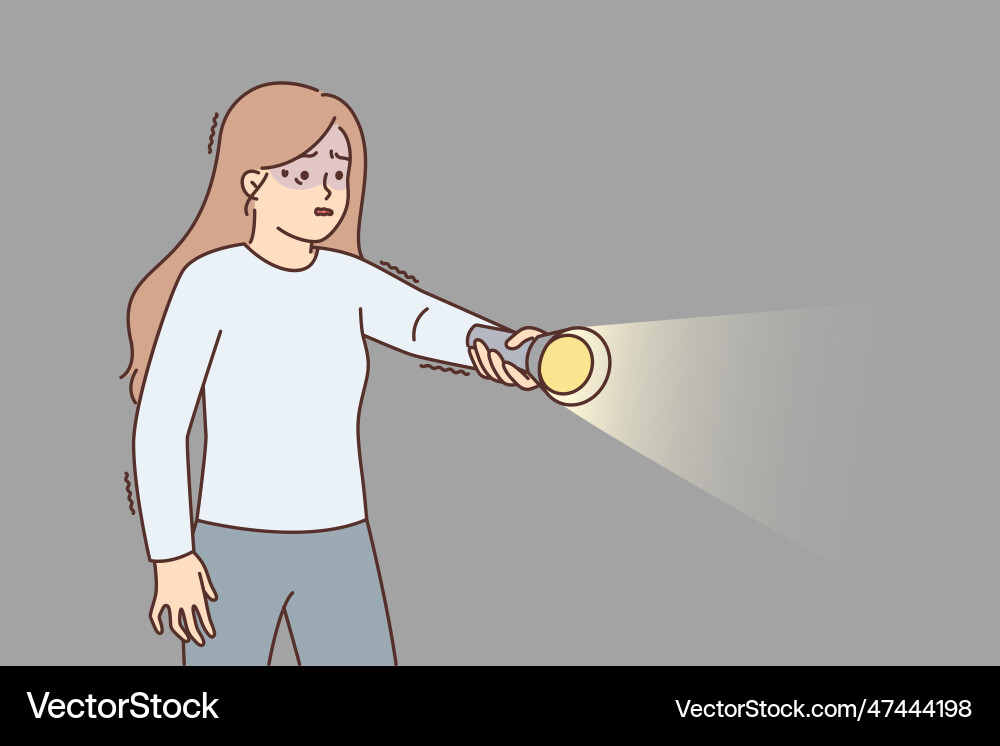 Frightened girl with flashlight walks in dark Vector Image