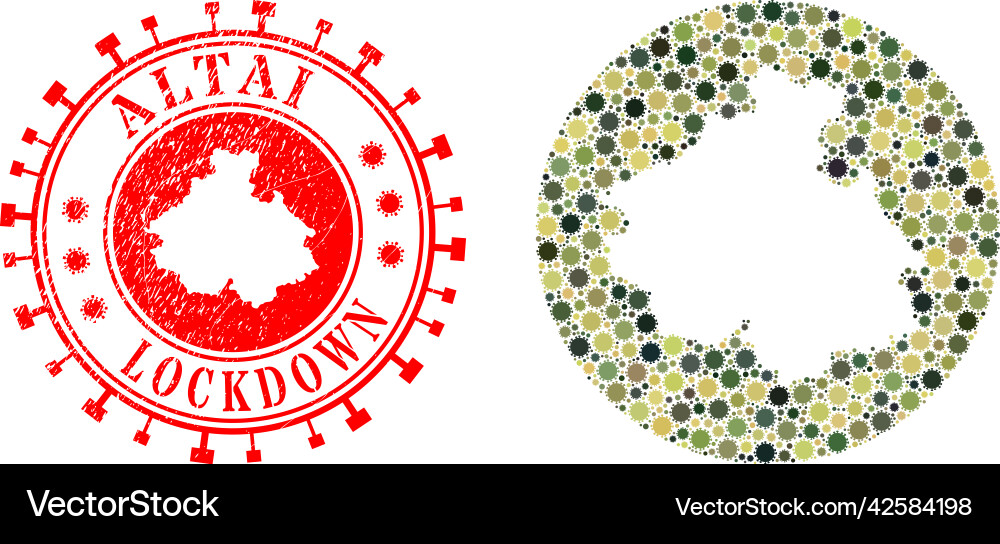 Lockdown grunge stamp and sars virus mosaic hole Vector Image