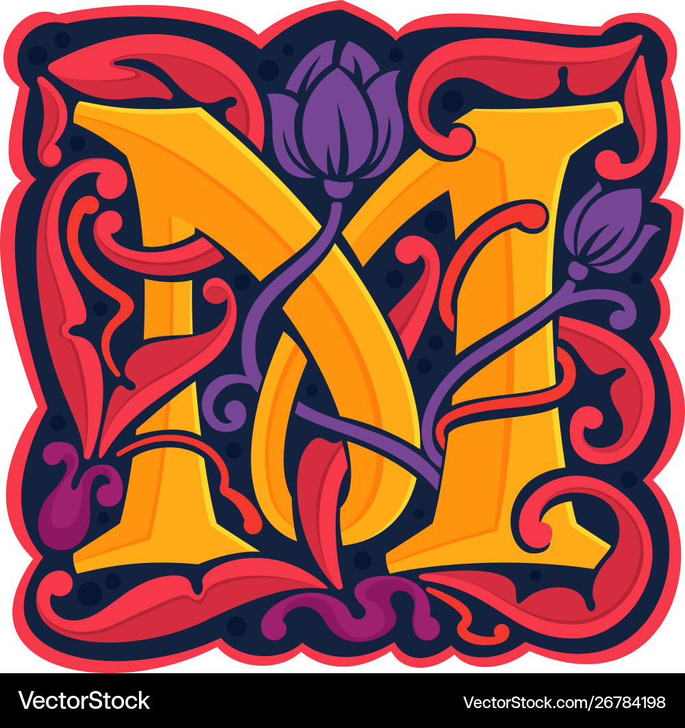 M letter colorful antique gothic initial logo Vector Image