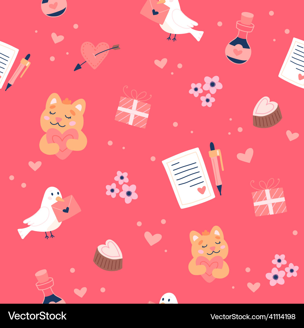 Valentine s day pattern with cute doves cats Vector Image