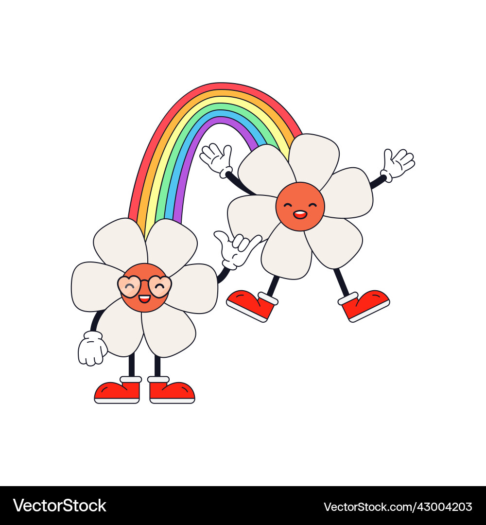 Cheerful rainbow character with daisy flowers Vector Image
