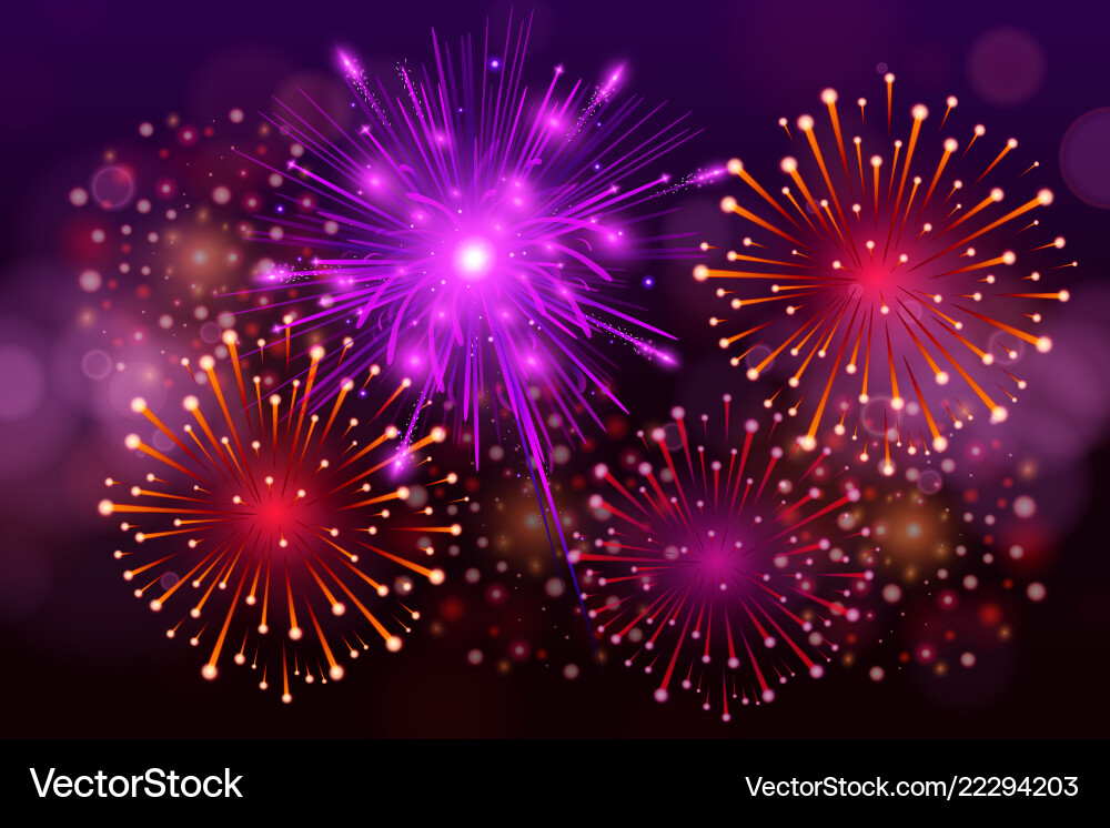 Festive colorful fireworks on black background Vector Image