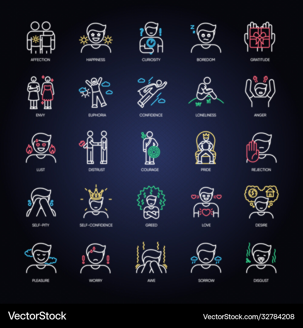 Human feelings neon light icons set Royalty Free Vector