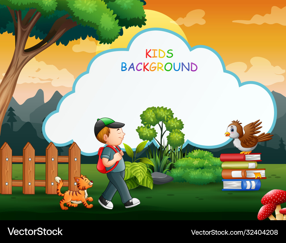 Kids background with young boy walking his pe Vector Image