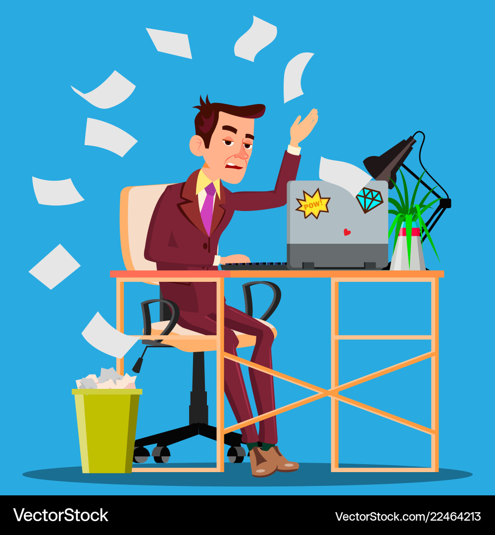 Angry manager siting at table crumples the paper Vector Image