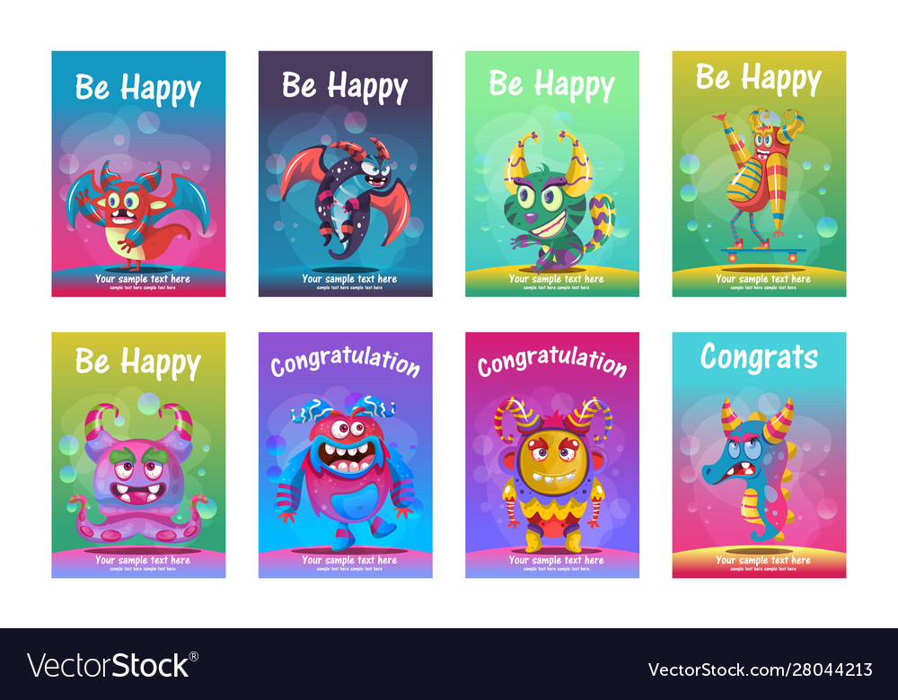 Cute monster greeting cards set Royalty Free Vector Image