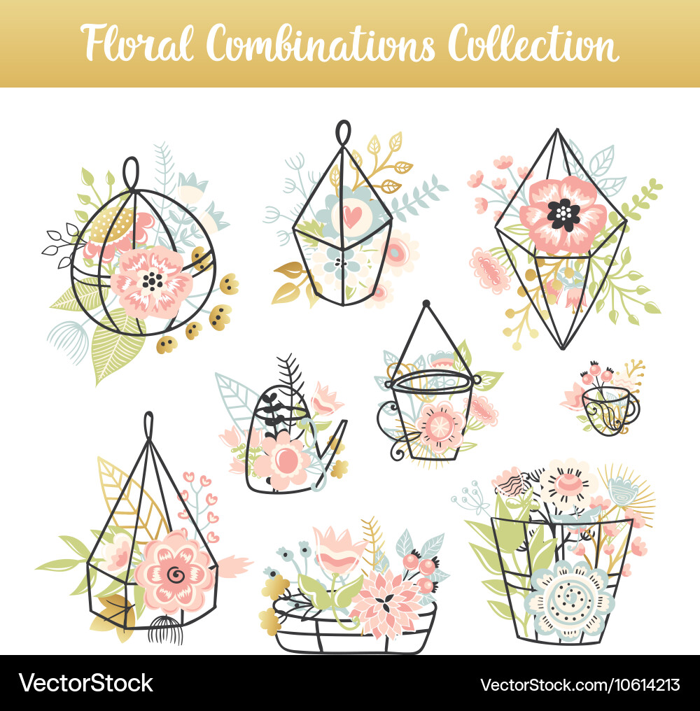 Floral combinations hand drawn vintage set Vector Image