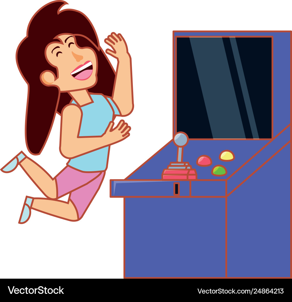 Girl playing in retro console video game machine Vector Image