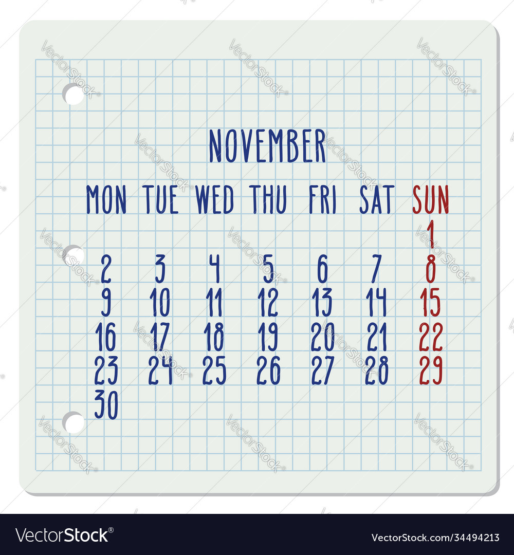 November year 2020 monthly notebook page calendar Vector Image