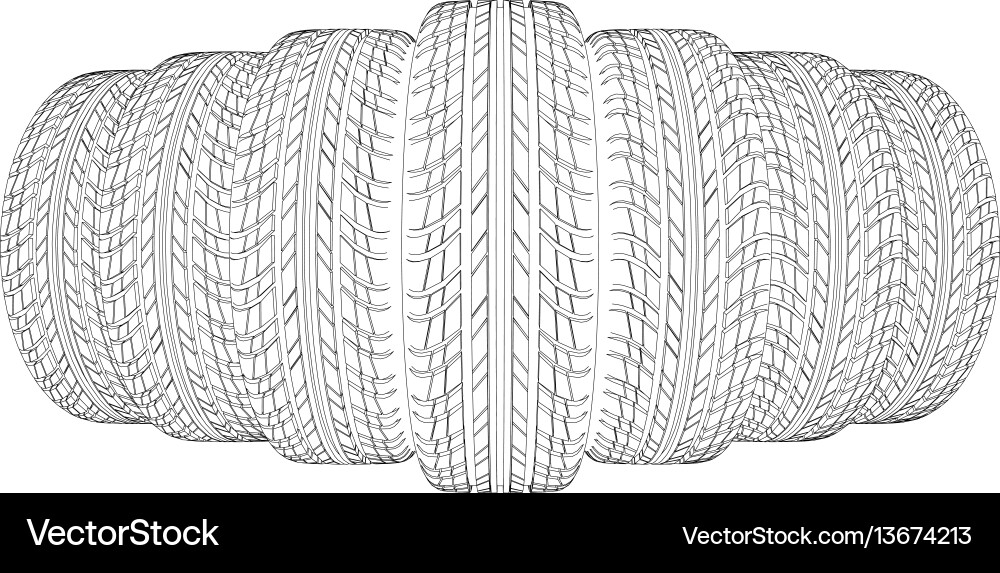 Wedge of seven wire-frame tires Royalty Free Vector Image