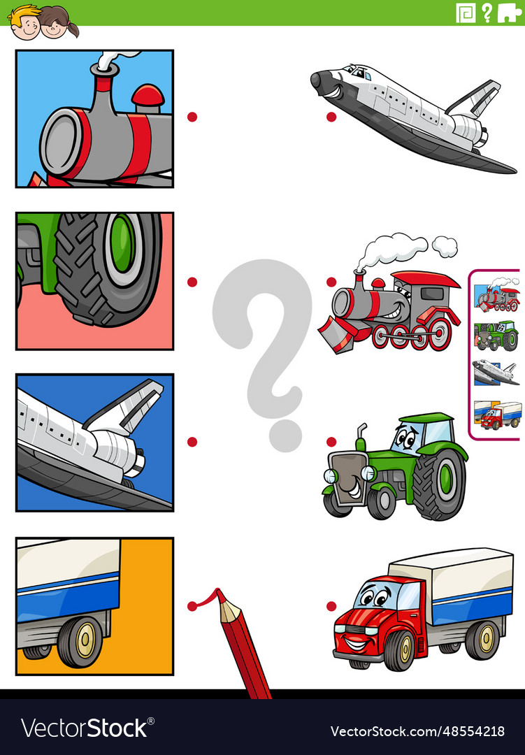 Match vehicles and clippings educational game Vector Image