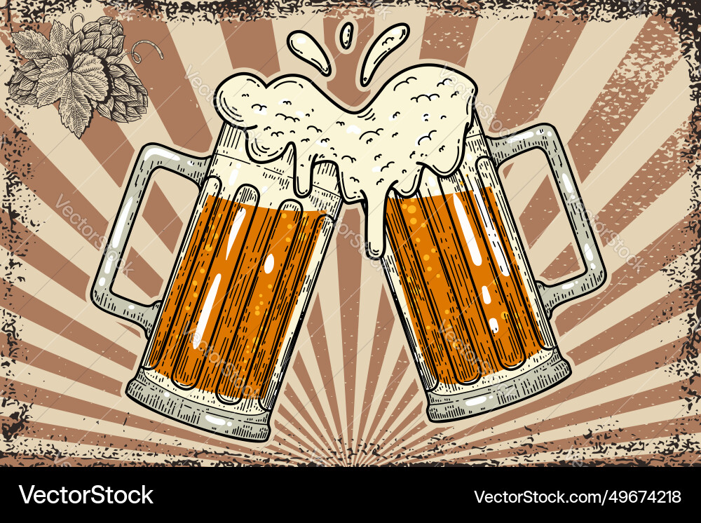 Vintage poster template with two toasting beer Vector Image