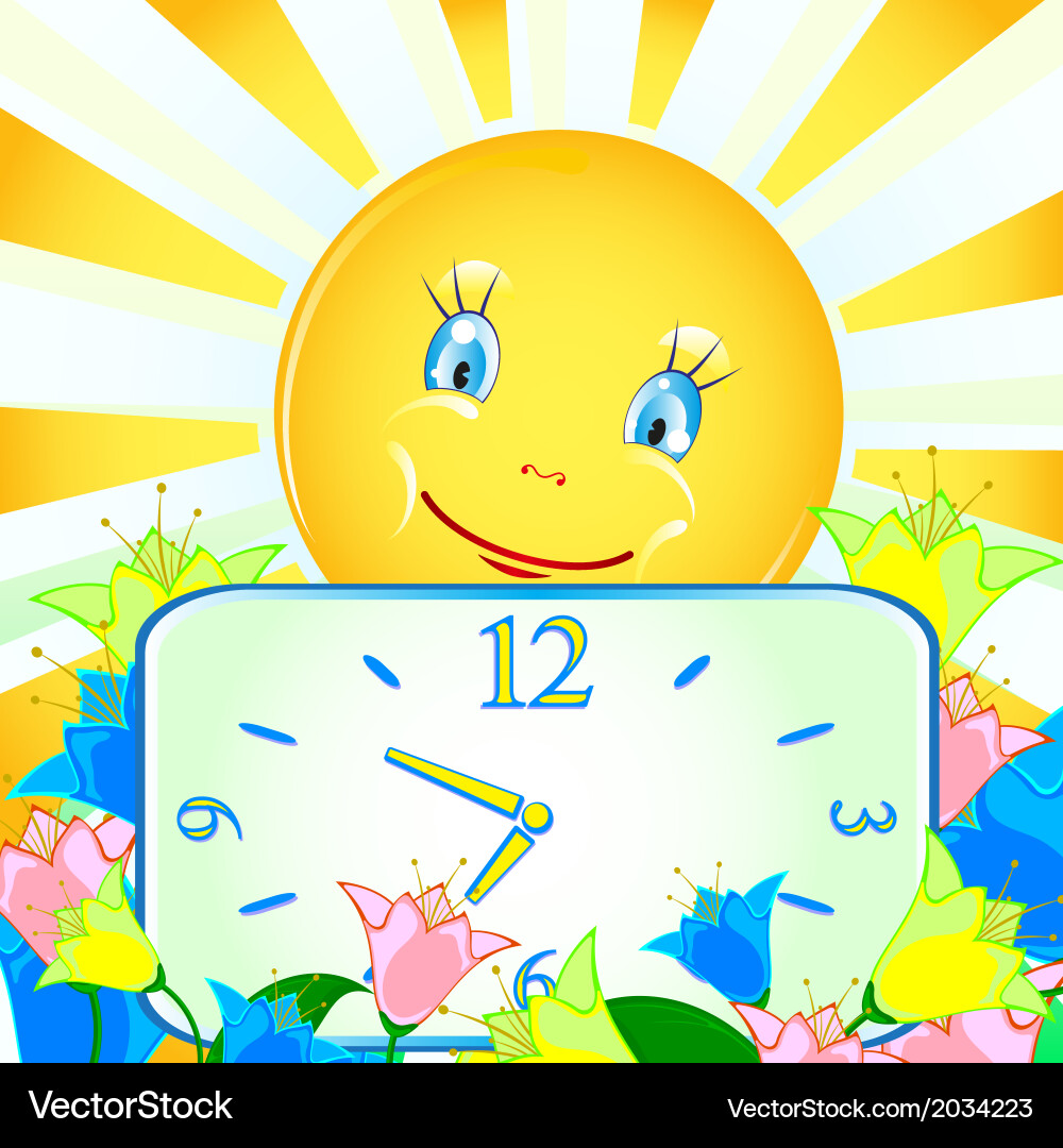 Cheerful background with the sun and the clock Vector Image