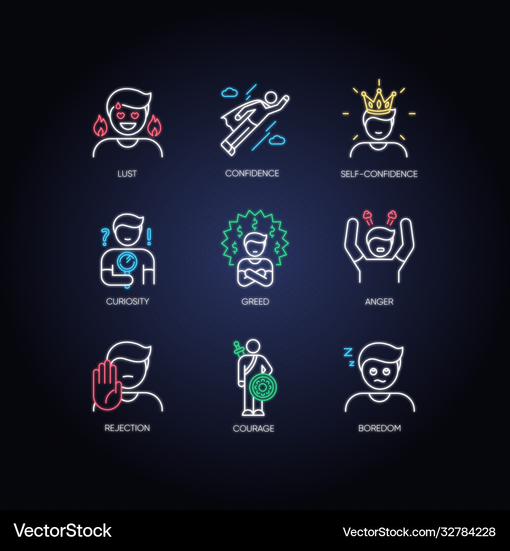 Human emotions neon light icons set Royalty Free Vector