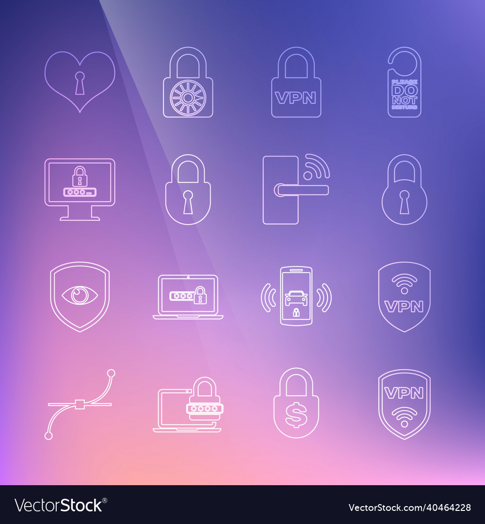 Set Line Shield With Vpn Wireless Lock Monitor Vector Image