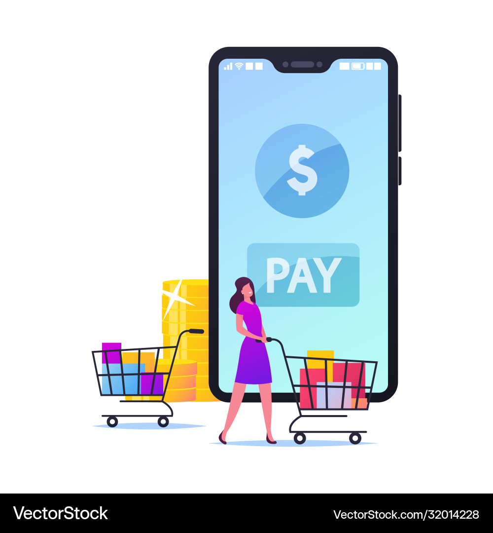 Woman customer pushing trolley with purchases Vector Image