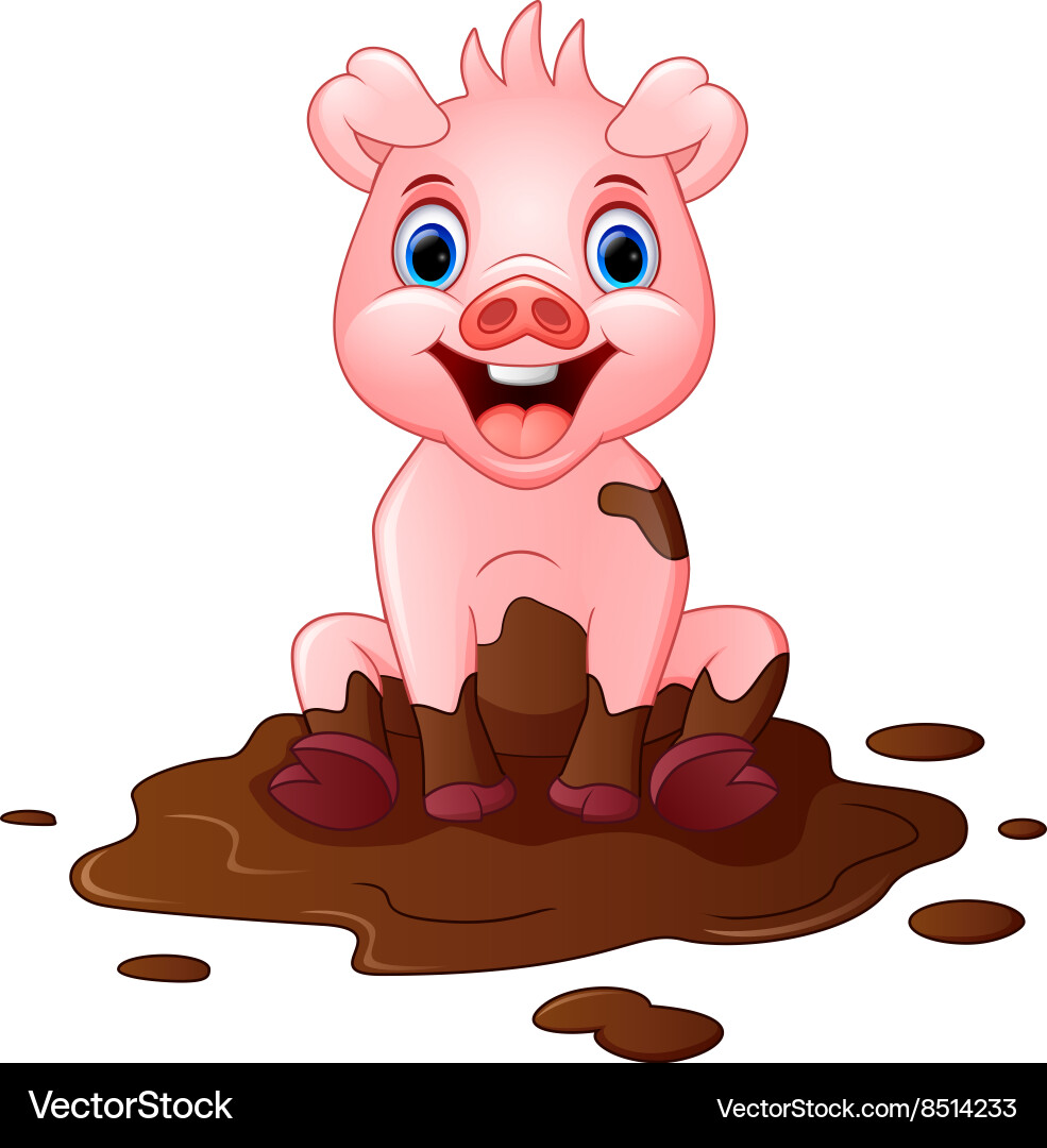 Cartoon pig play in a mud puddle Royalty Free Vector Image