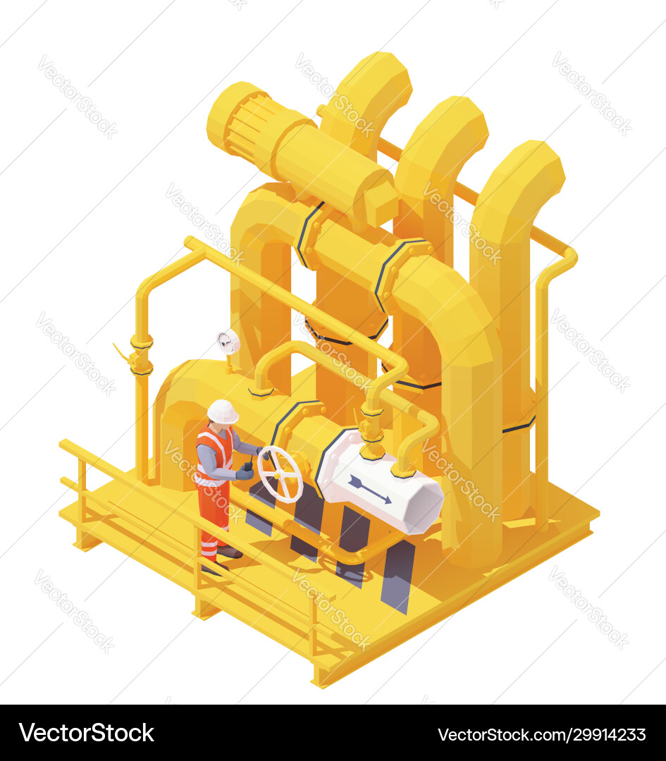 Operator opens gas or oil pipeline valve Vector Image