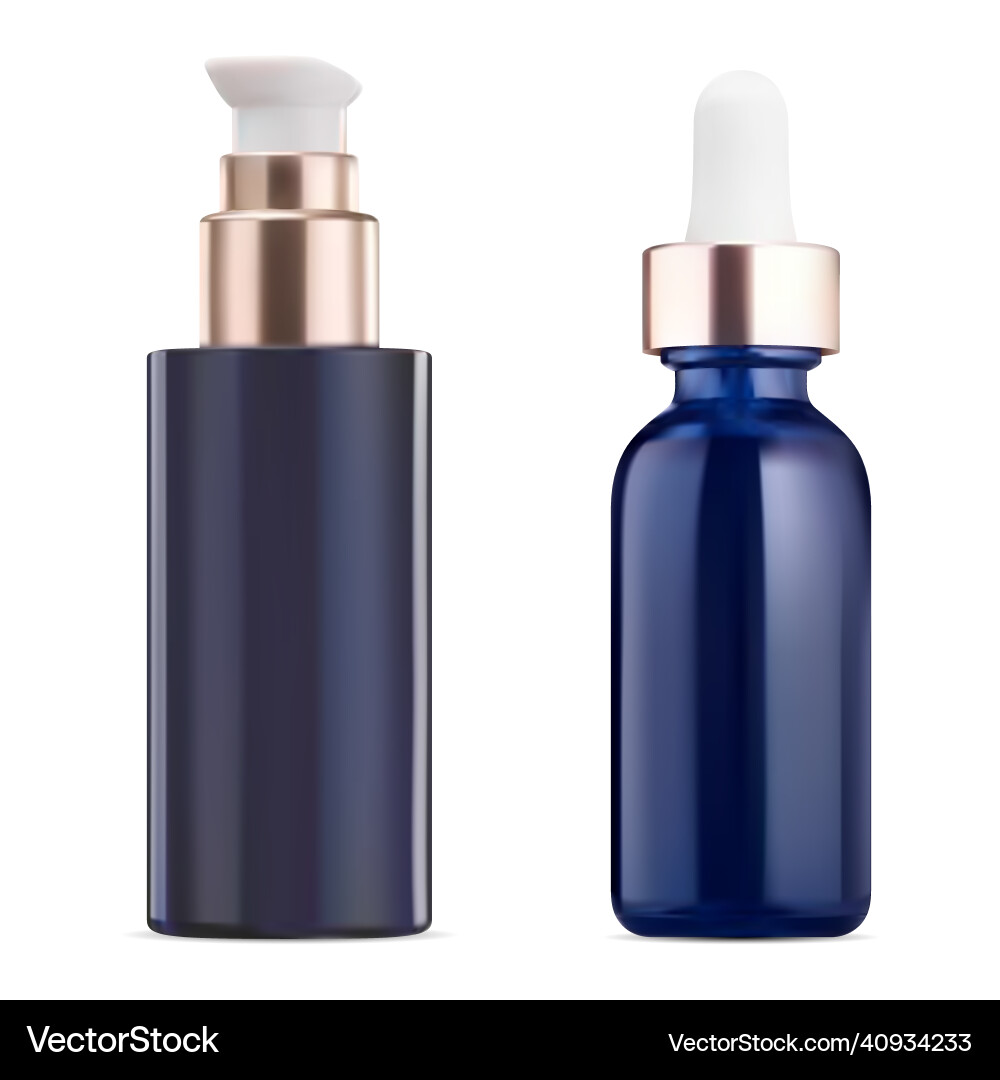Serum bottle mockup blue glass dropper Royalty Free Vector