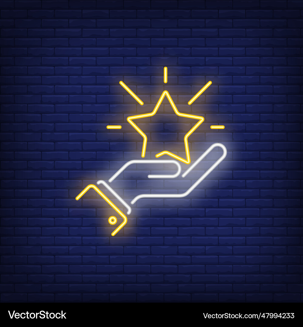 Shining star in hand neon sign Royalty Free Vector Image