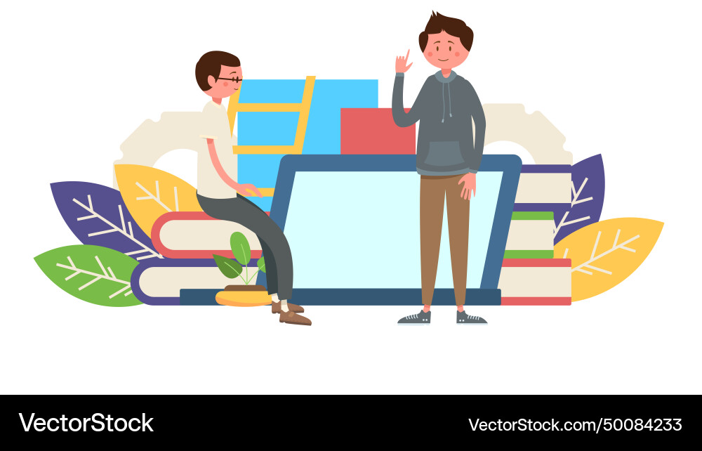 Three people are standing in front of big Vector Image