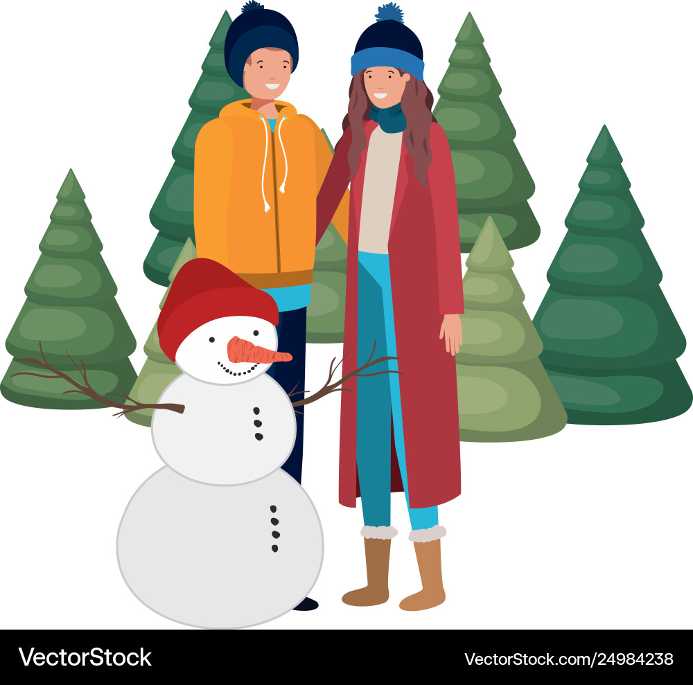 Couple with snowman and pine trees Royalty Free Vector Image