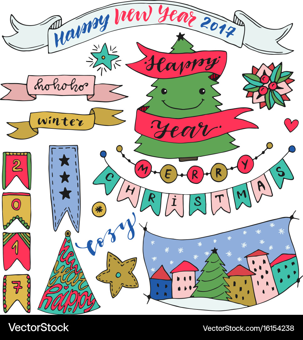 Hand drawn new year collection with ribbons Vector Image