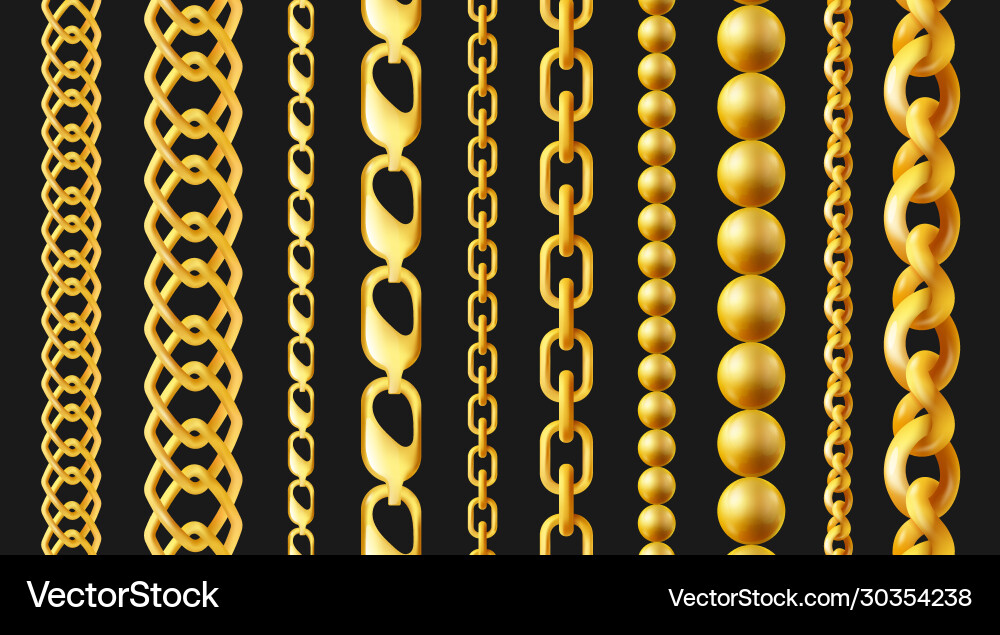 Realistic gold chain set isolated on black Vector Image