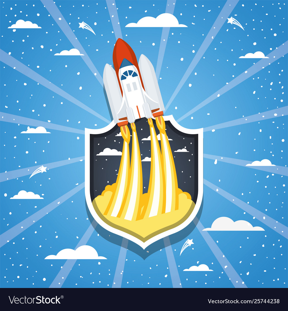 Rocket over clouds and striped background design Vector Image