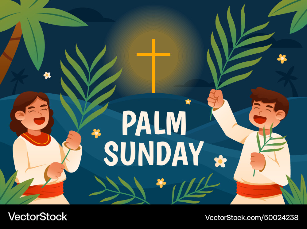 Two kids waving palm leaves Royalty Free Vector Image
