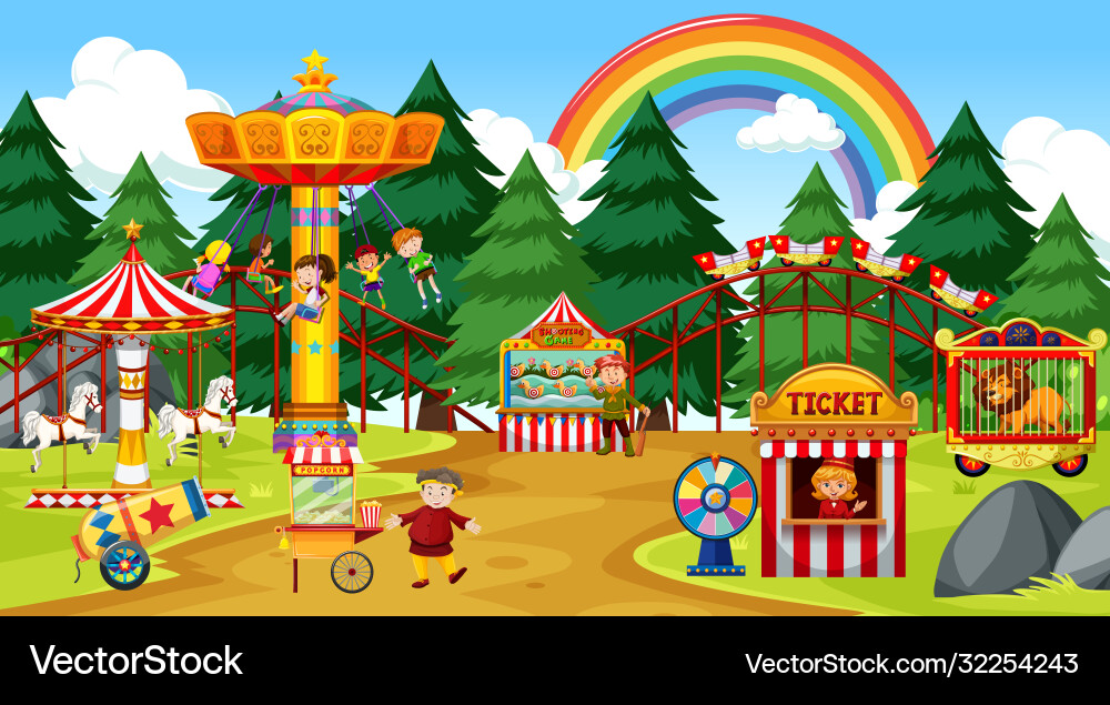 Amusement park scene at daytime with rainbow Vector Image