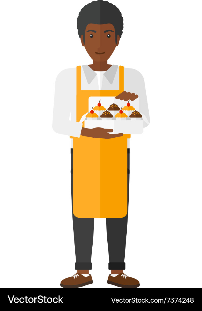 Baker holding box of cakes Royalty Free Vector Image