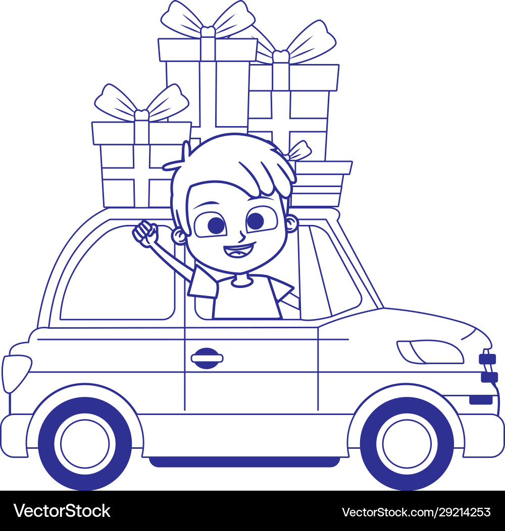 Cartoon boy in a car with gift boxes Royalty Free Vector