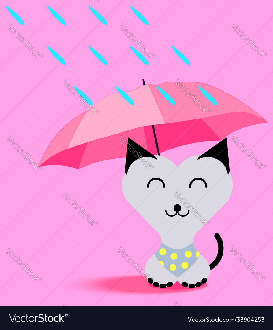 Cute cat sits under an umbrella during rain Vector Image