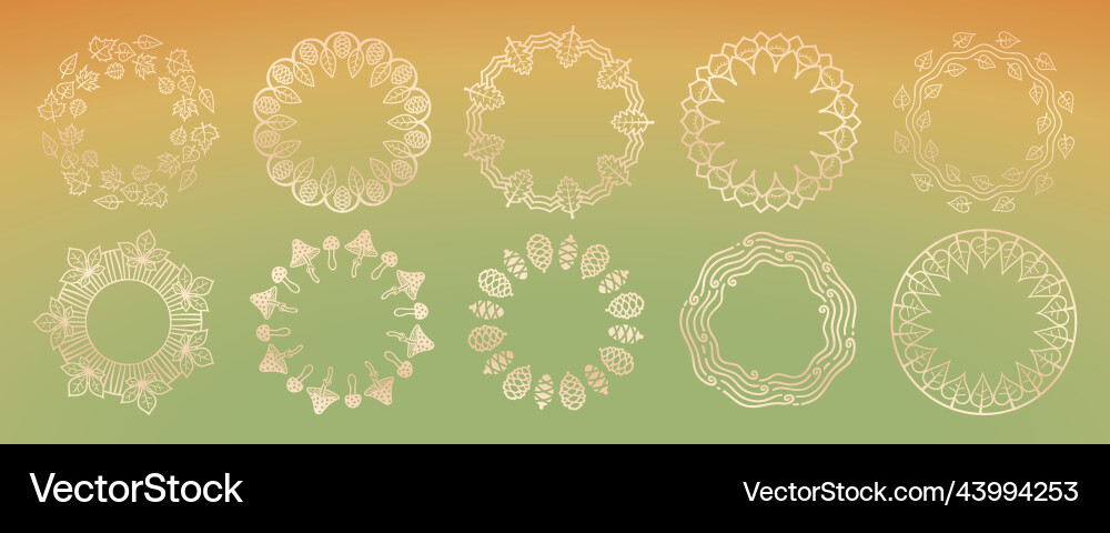 Round floral frames autumn golden set Royalty Free Vector