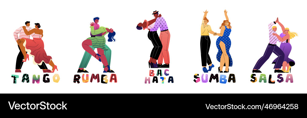 Set of couples dancing latin dances Royalty Free Vector