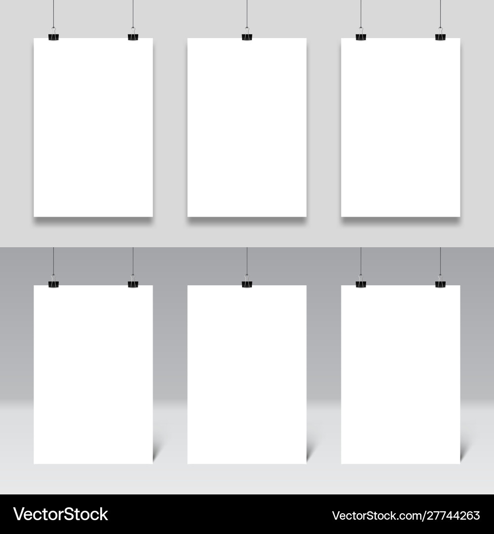 Poster mockup hanging on paperclips realistic Vector Image
