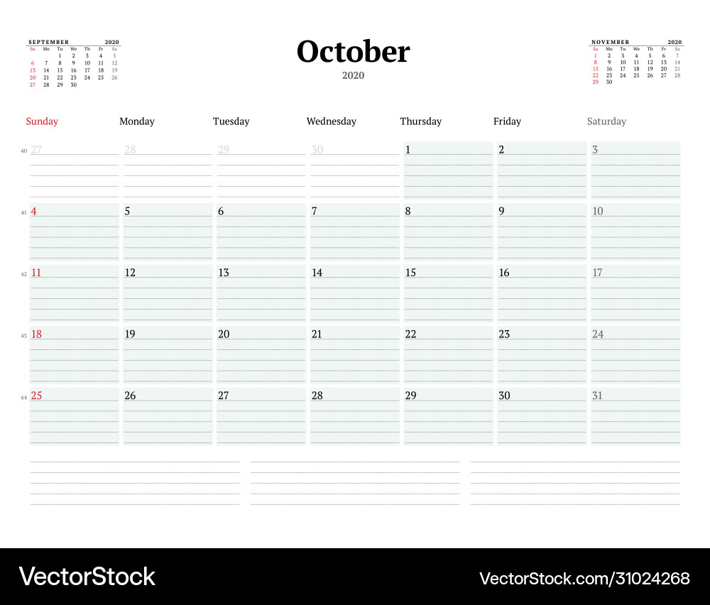 Calendar template for october 2020 business Vector Image