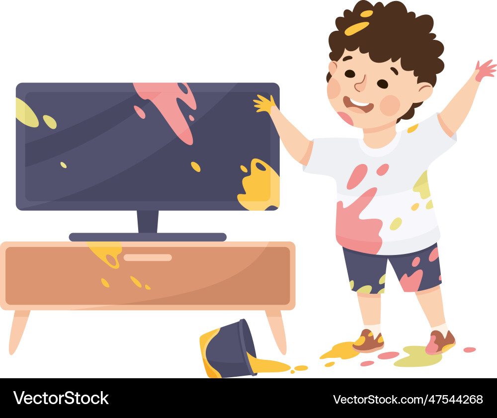 Little boy splashing paints around having bad Vector Image