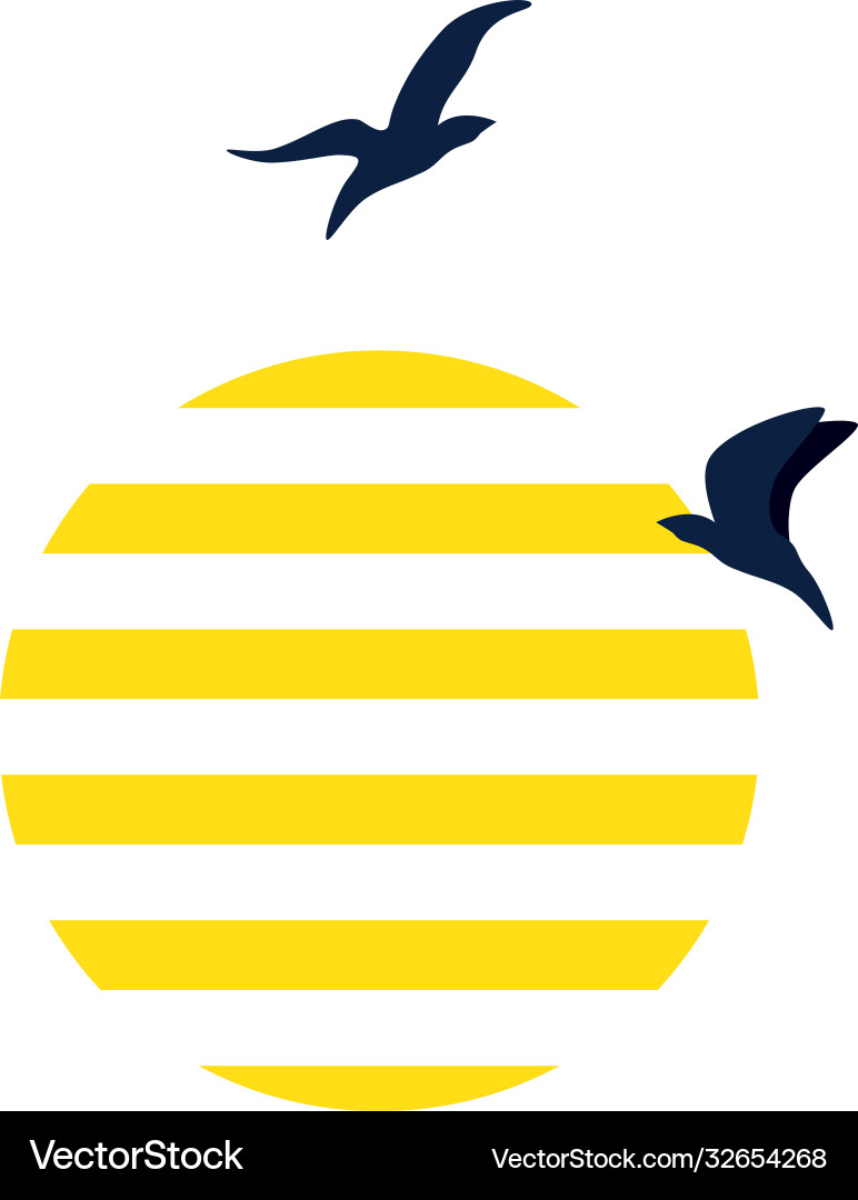 Striped sun with birds flying on white background Vector Image